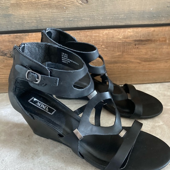 XOXO | Shoes | Xoxo Black Wedge Sandals Strappy Design | Poshmark